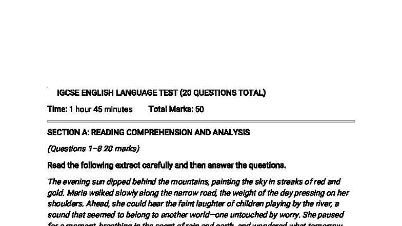 IGCSE English Language Test: Reading & Writing Questions - Studocu