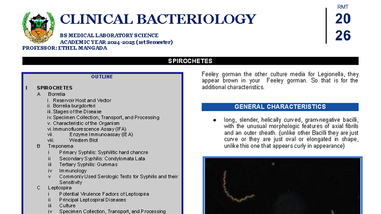 CLINICAL BS MLS 3A: Spirochetes Overview and Key Characteristics - Studocu