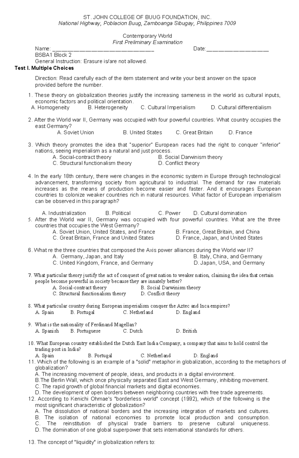 Contemporary World (CW) BSBA1 Block 2 First Preliminary Exam Guide ...