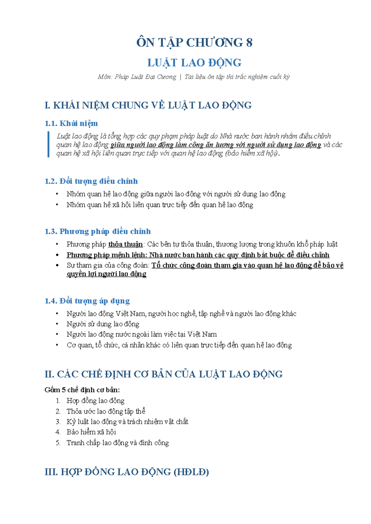 ÔN TẬP CHƯƠNG 8 LUẬT LAO ĐỘNG - Môn: Pháp Luật Đại Cương - Studocu