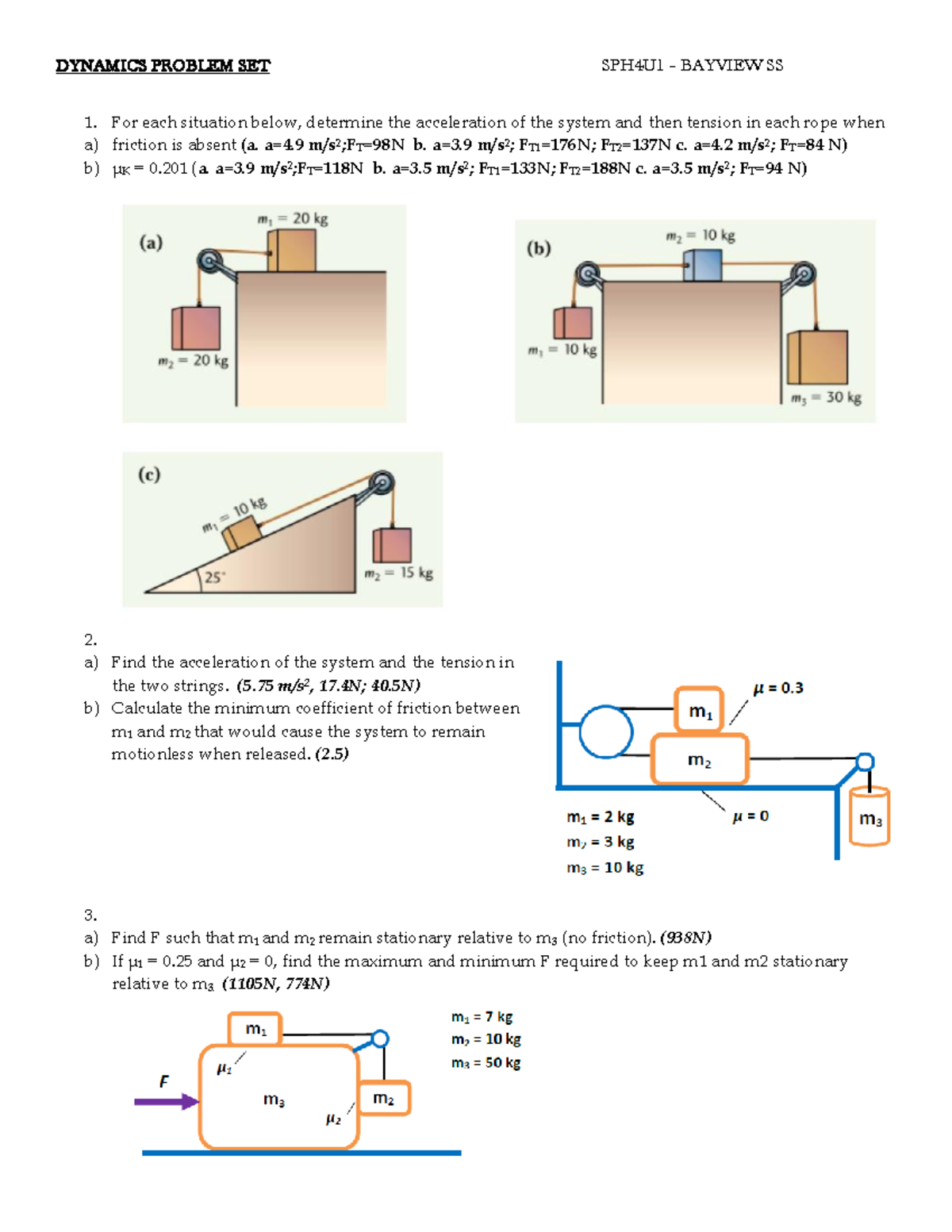 Dynamics Problem Set with Answers-Solutions - For each situation below ...