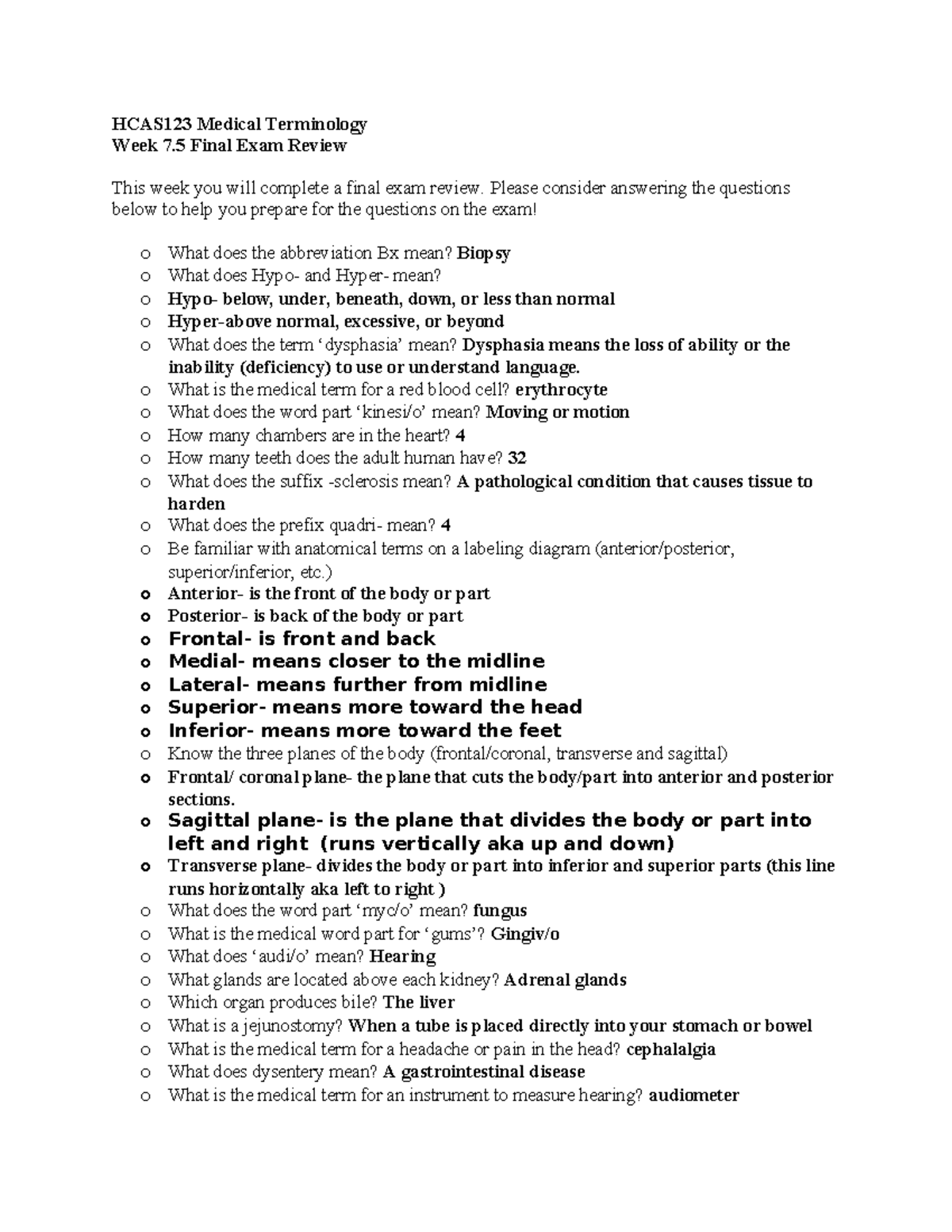 HCAS123 Final Exam Review for Medical Terminology (Week 7) - Studocu