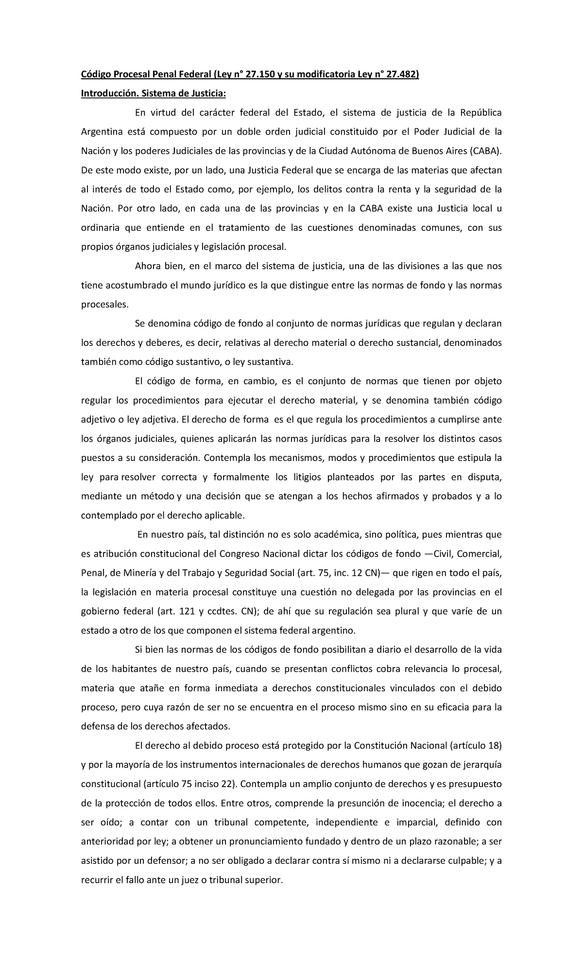 Código Procesal Penal Federal: Introducción y Sistema de Justicia - Studocu