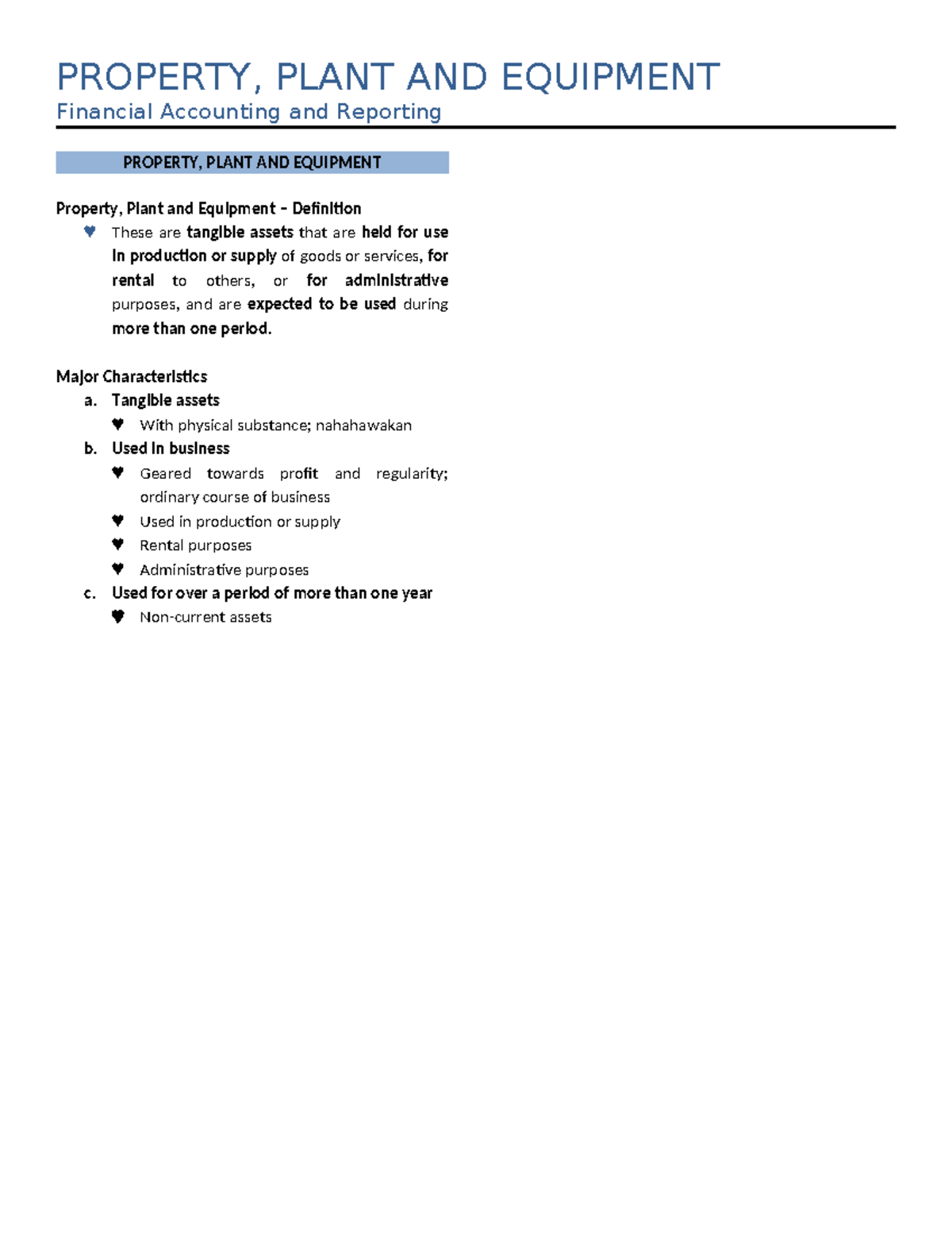 FAR - PPE - Notes - PROPERTY, PLANT AND EQUIPMENT Financial Accounting ...
