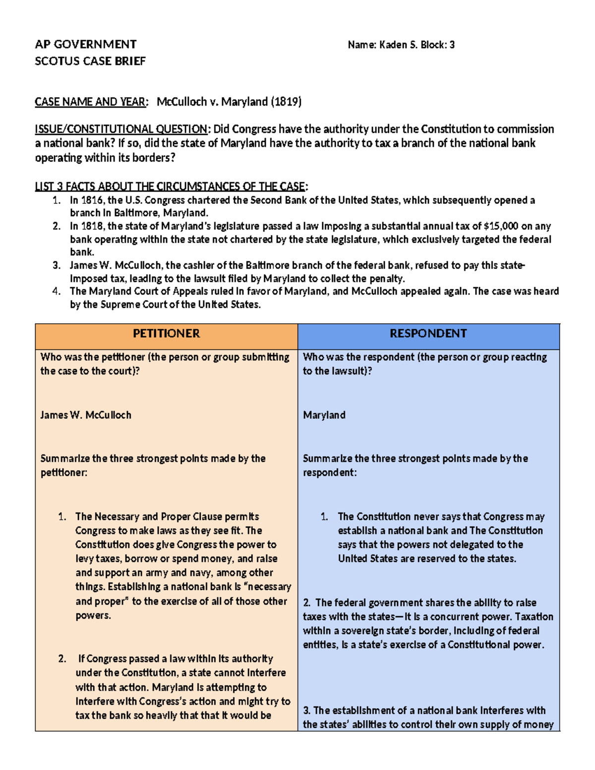 AP GOV 2023 SCOTUS Case Brief: McCulloch v. Maryland Analysis - Studocu