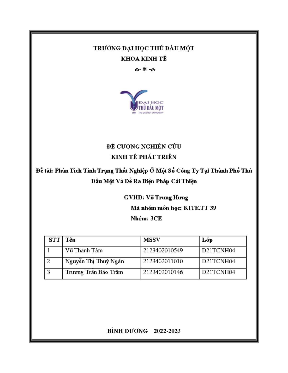 KITE.TT.39-3CE-That nghiep - TRƢỜNG ĐẠI HỌC THỦ DẦU MỘT KHOA KINH TẾ ĐỀ ...