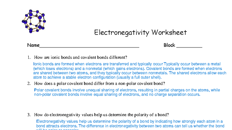 Chemistry 101: Electronegativity Practice Worksheet - Studocu