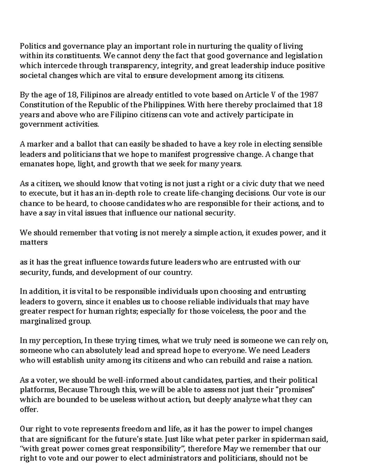 Essay about political self - Politics and governance play an important ...