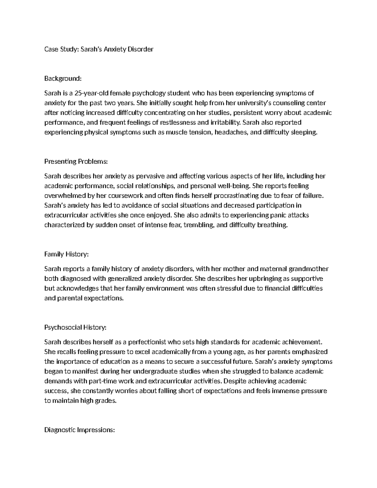 Anxiety Disorder - Case Study: Sarah's Anxiety Disorder Background ...