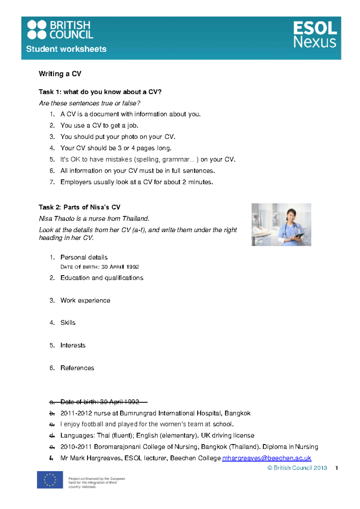 CV Writing Worksheets for E2: Understanding and Creating a CV - Studocu