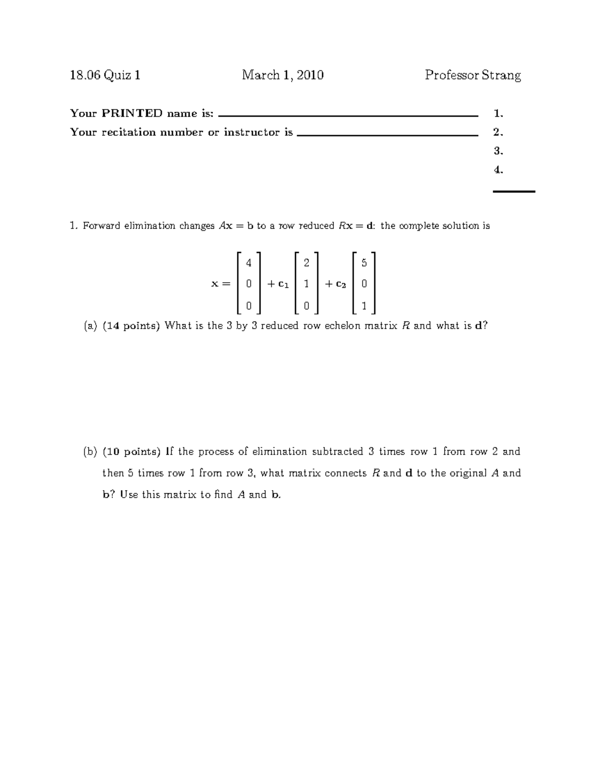 18.06 Linear Algebra Quiz 1 Solutions - March 1, 2010 - Studocu
