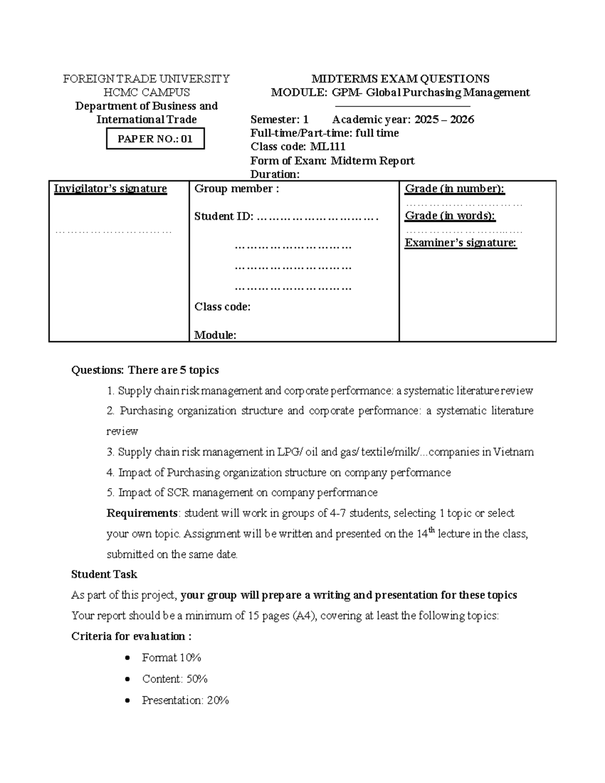 Midterm Exam Questions for ML111: Global Purchasing Management - Studocu