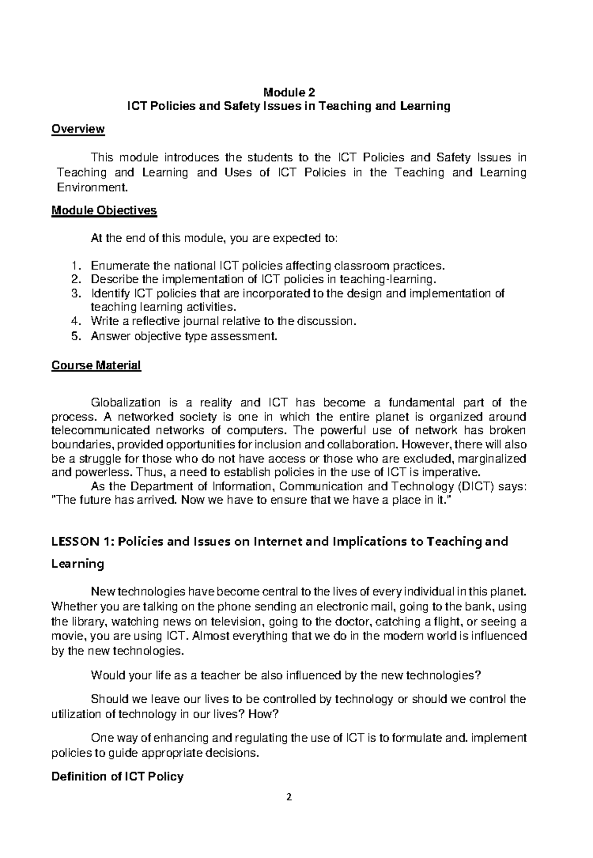 Module-2-1 - module - 2 Module 2 ICT Policies and Safety Issues in ...