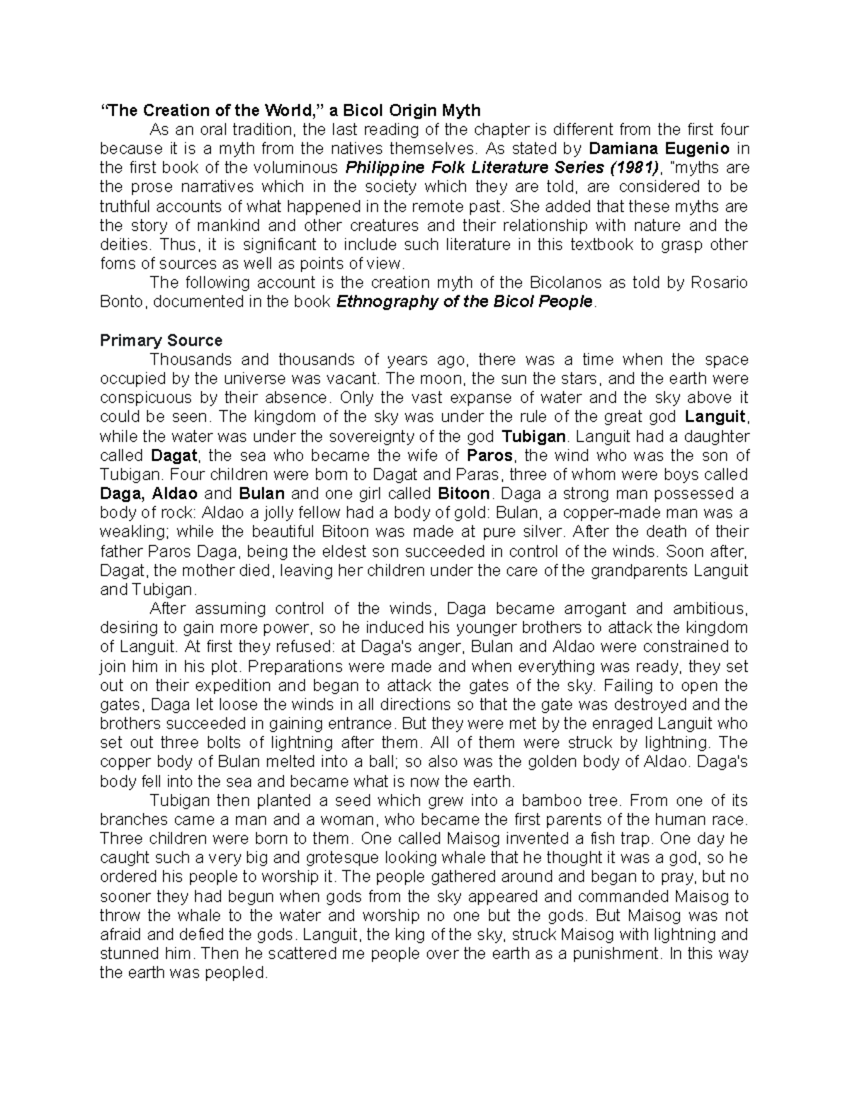Bicol Creation Myth: An Oral Tradition of the World’s Origins - Studocu