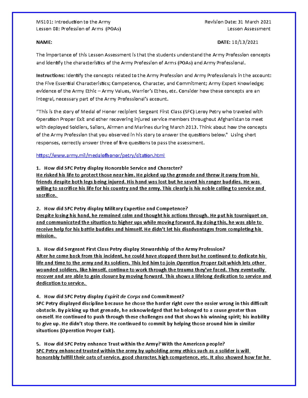 MS101 Lesson 08 Profession of Arms (POA) LA - MS101: Introduction to ...