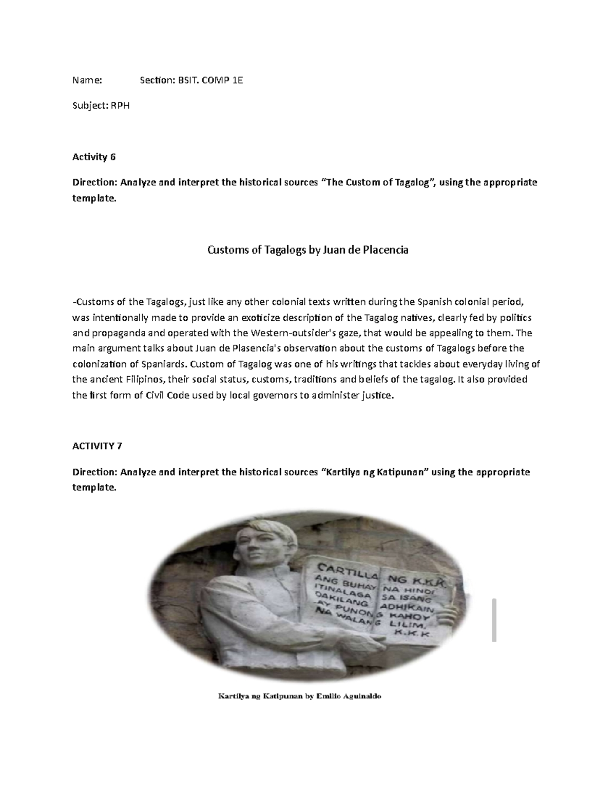Chapter 3 answer - The Custom of Tagalog” - Name: Section: BSIT. COMP ...