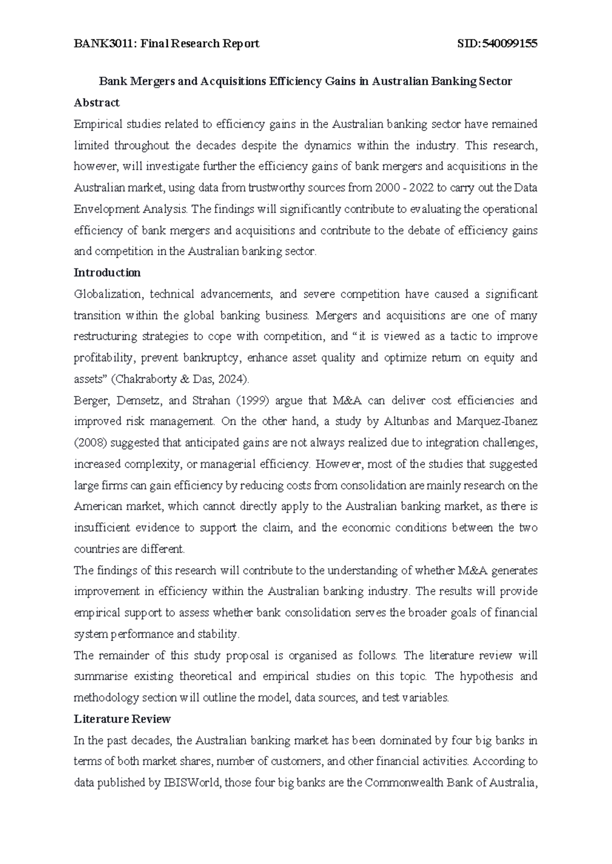 BANK3011: Final Research Report on Efficiency Gains in Bank Mergers ...