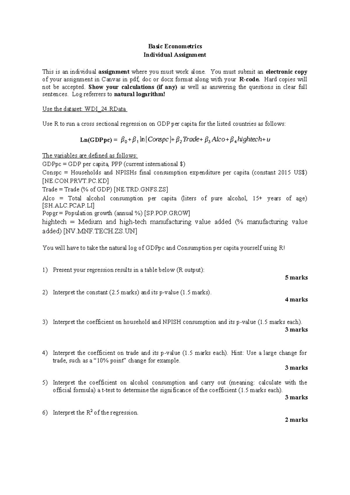 Basic Econometrics Individual Assignment - ECON1066 Analysis Guide ...