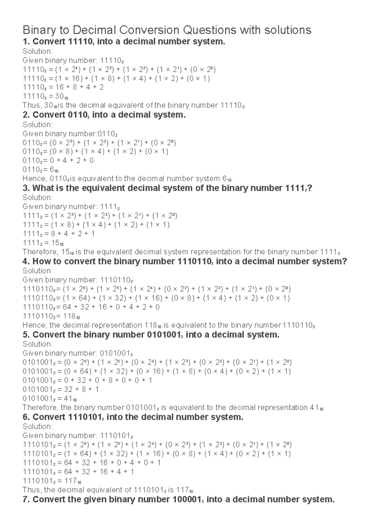 Binary to Decimal Conversion Questions & Solutions (CS101) - Studocu