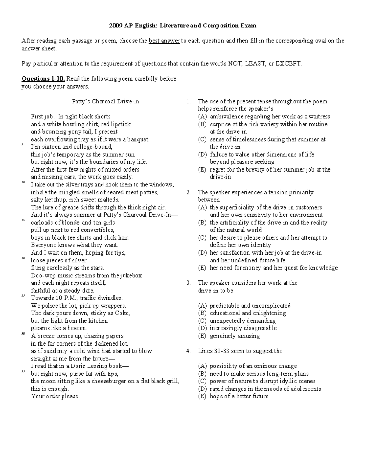 2009 Practice Test - N/A - 2009 AP English: Literature and Composition ...