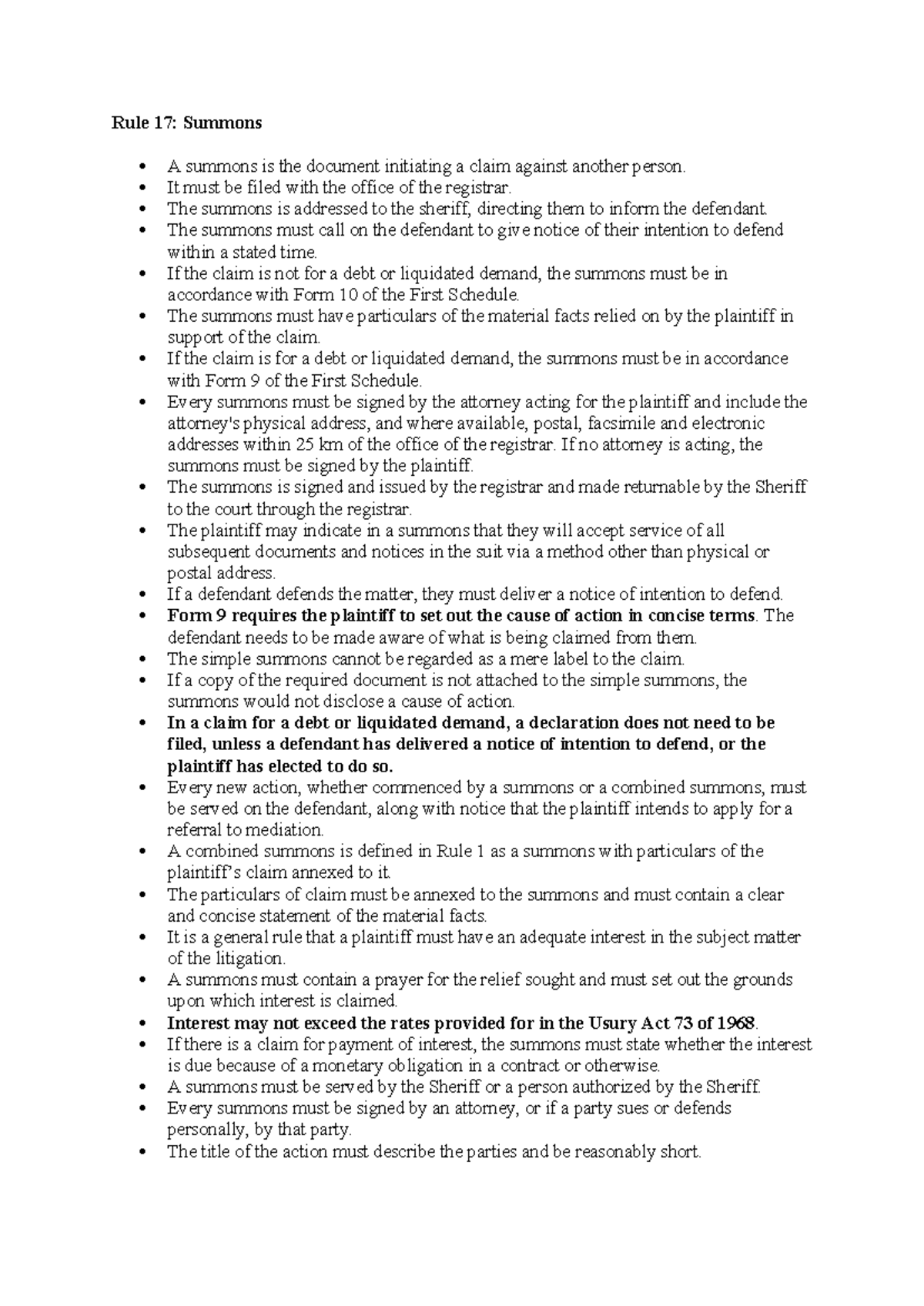 High Court Rules: Summons, Pleadings & Declarations Overview - Studocu