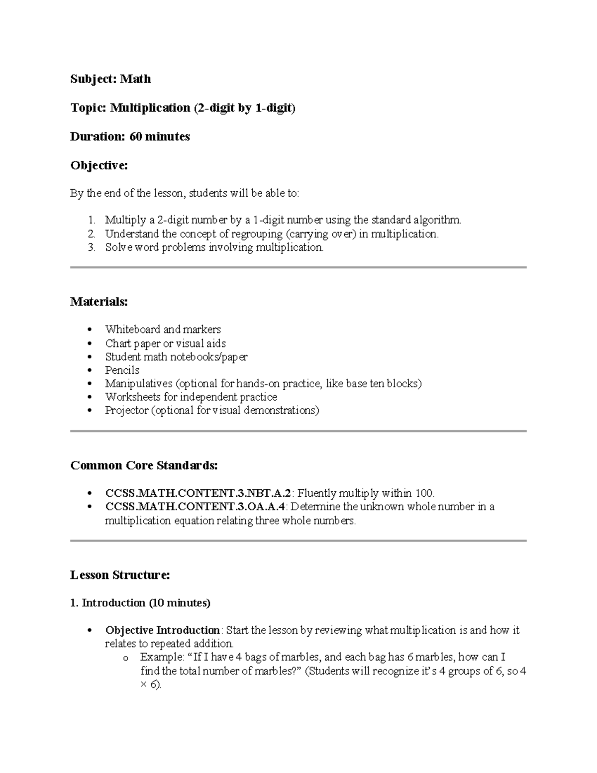 Math Lesson Plan: Multiplying 2-Digit by 1-Digit Numbers - Studocu