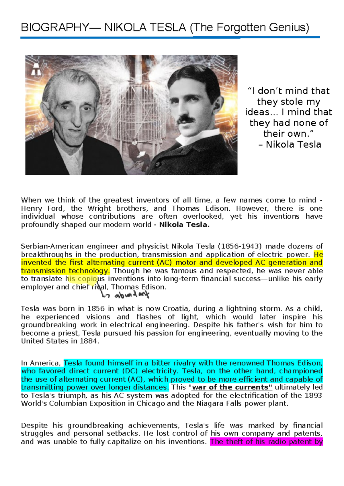 Biography of Nikola Tesla: The Overlooked Innovator (RAC4) - Studocu