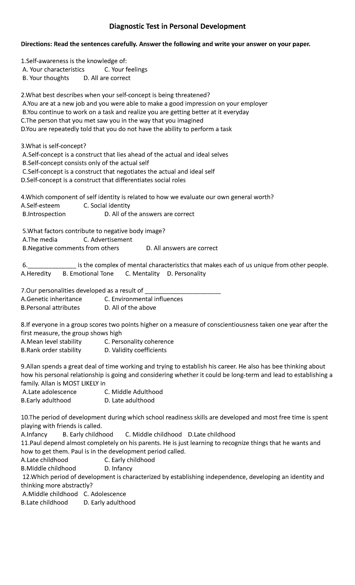 Personal Development Diagnostic Test: Self-Awareness & Identity - Studocu