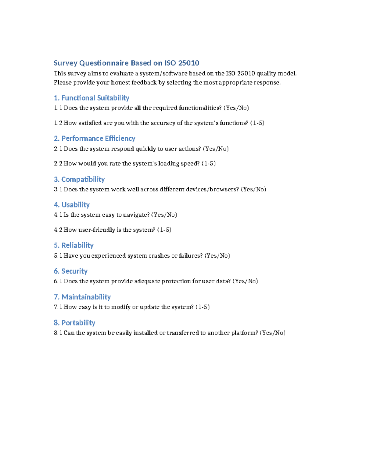 ISO25010 Quality Model Evaluation Survey Questionnaire - Studocu