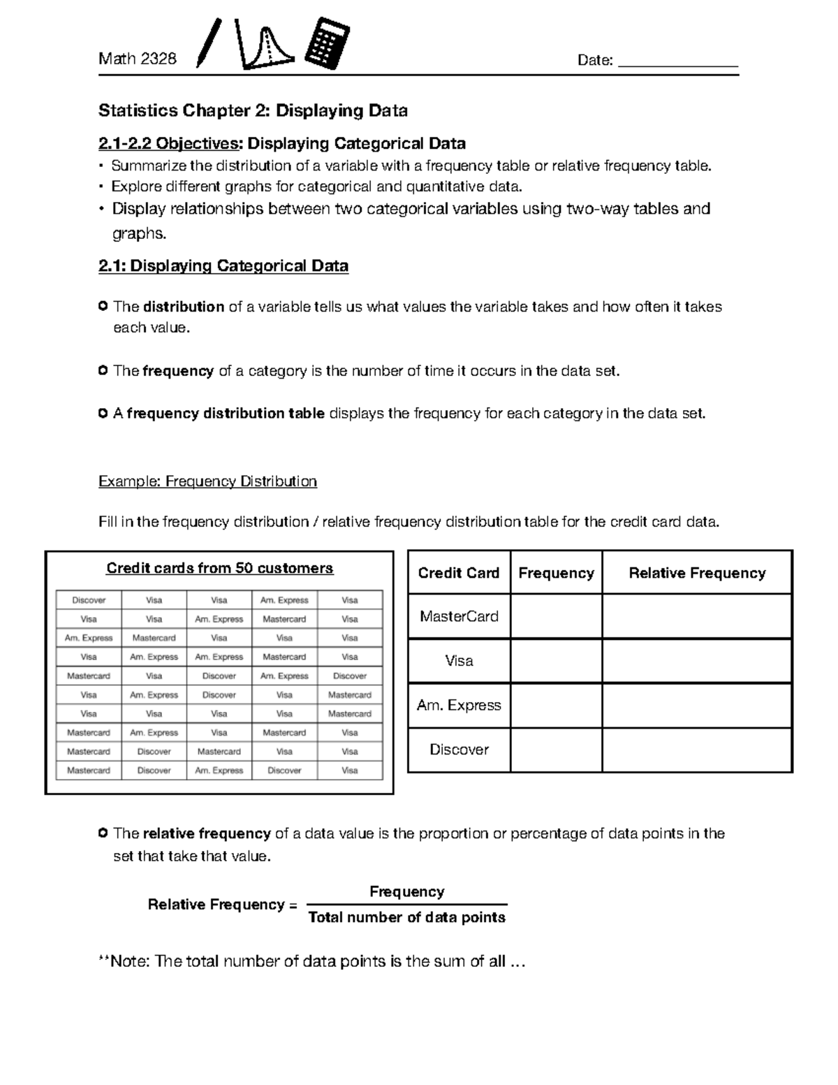Math 2328: Statistics Chapter 2.1-2.2 - Displaying Categorical Data ...