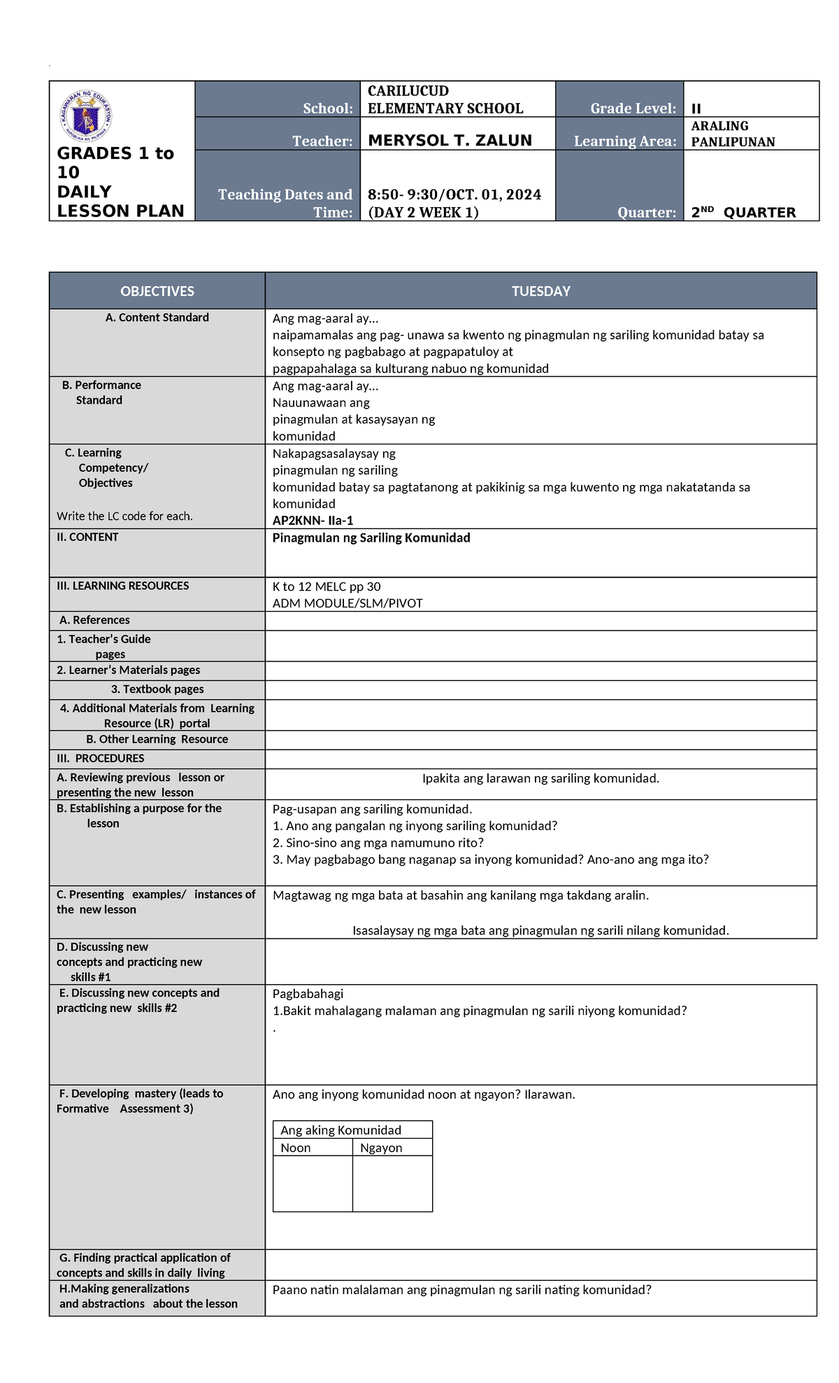 DLP AP D2 - Daily Lesson Plan for Araling Panlipunan Grade II - Studocu