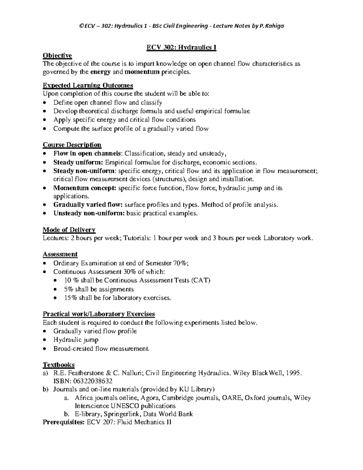 ECV 302: Hydraulics I - Lecture 1 Notes on Open Channel Flow - Studocu