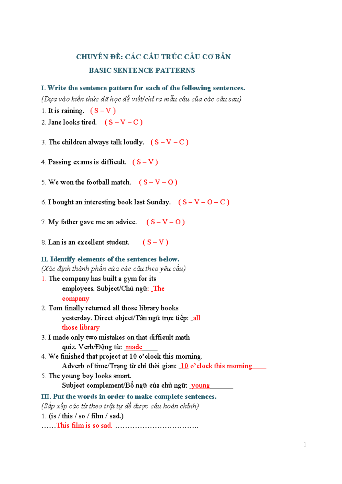 CHUYÊN ĐỀ: CÁC CẤU TRÚC CÂU CƠ BẢN - BASIC SENTENCE PATTERNS KEY - Studocu