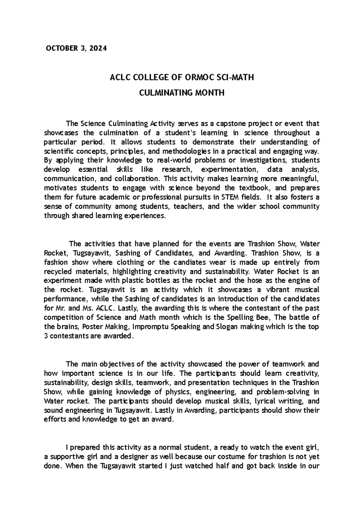 ACLC College OF Ormoc SCI - OCTOBER 3, 2024 ACLC COLLEGE OF ORMOC SCI ...