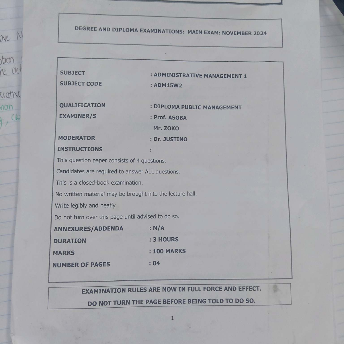 ADM15W2: Administrative Management Final Exam Past Paper 2024 - Studocu