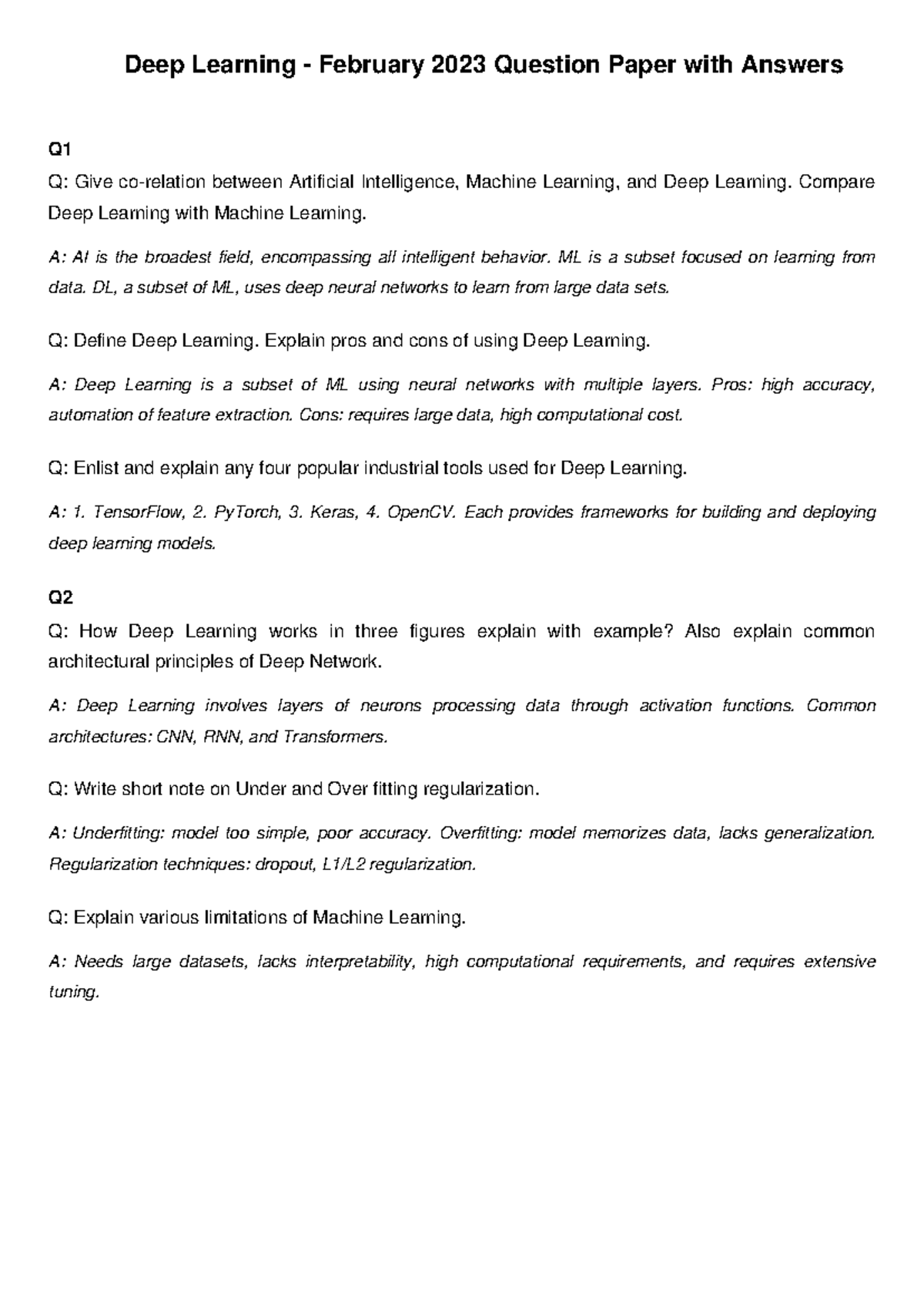 Deep Learning - Feb 2023 Exam Questions & Answers (AI, ML, DL) - Studocu