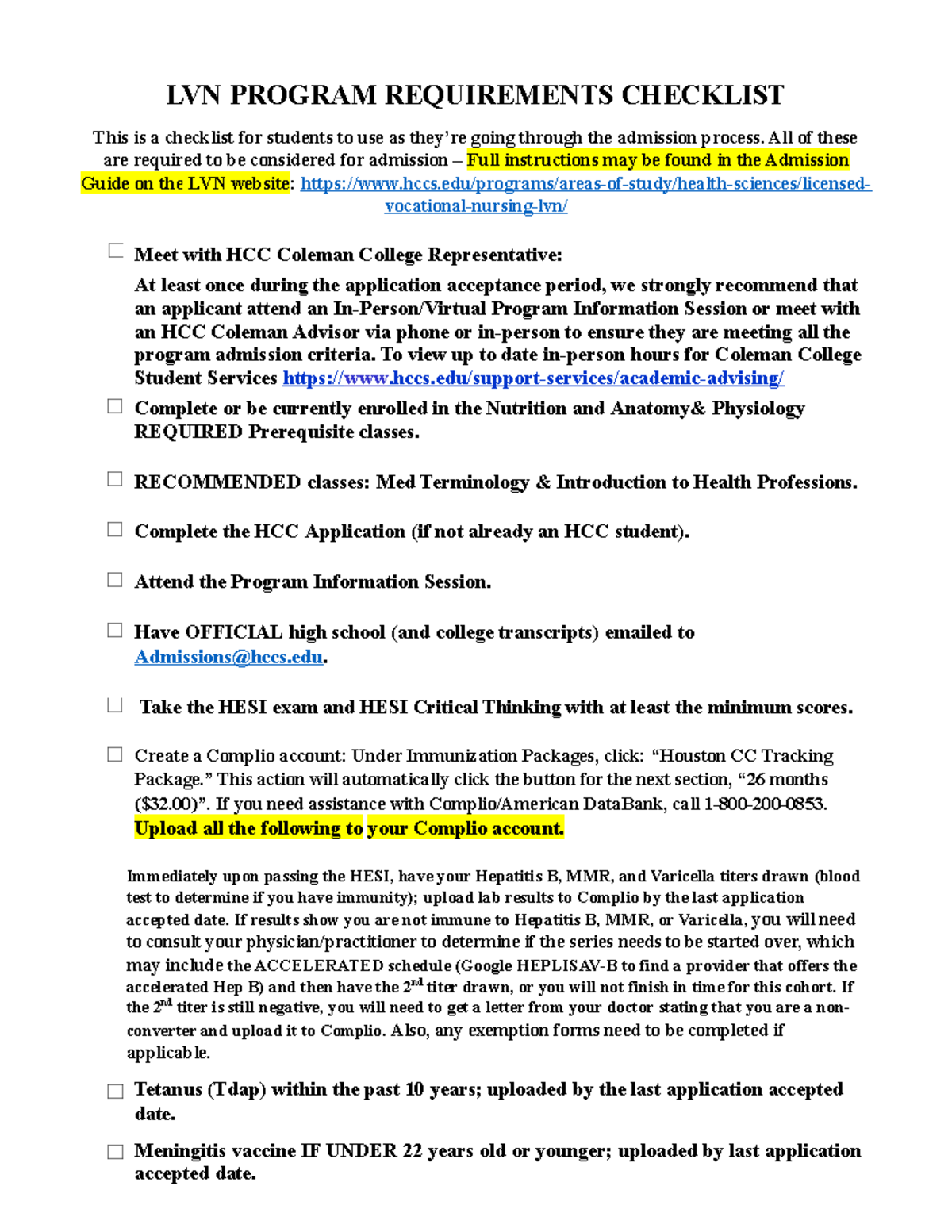 Fall 2025 LVN Program Admission Requirements Checklist - Studocu