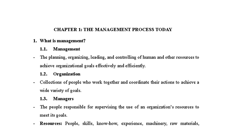 CHAPTER 1: THE MANAGEMENT PROCESS TODAY - Lecture Notes - Studocu