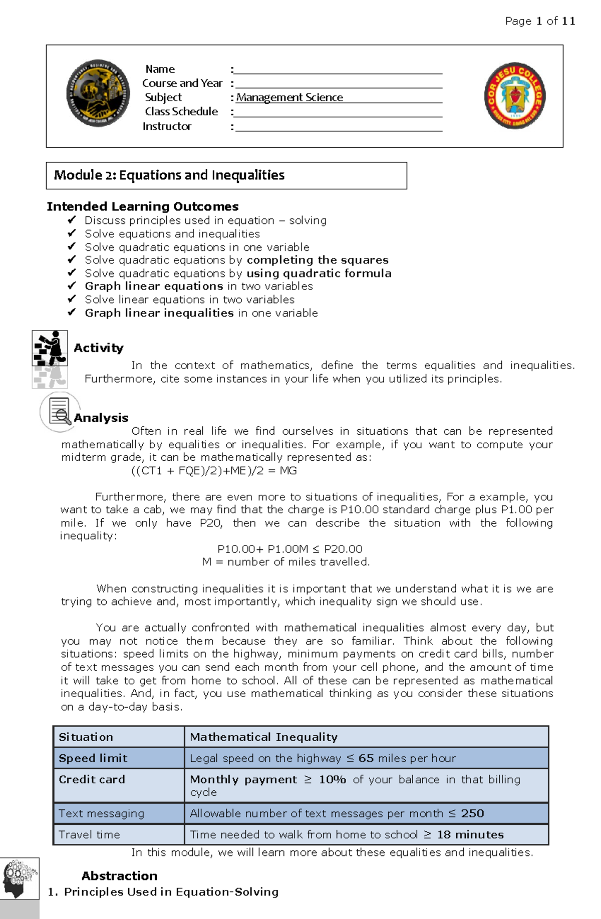Management Science M2: Understanding Equations & Inequalities - Studocu