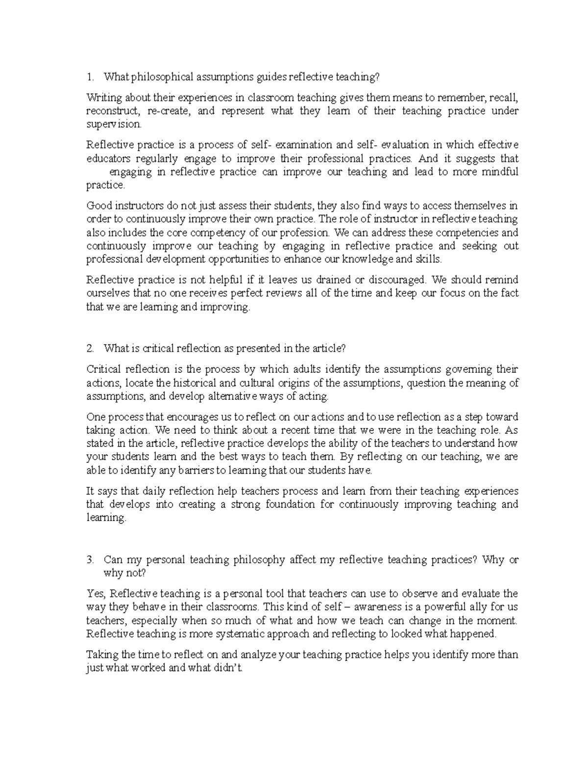 Reflective Teaching: Philosophical Assumptions and Practices - Studocu