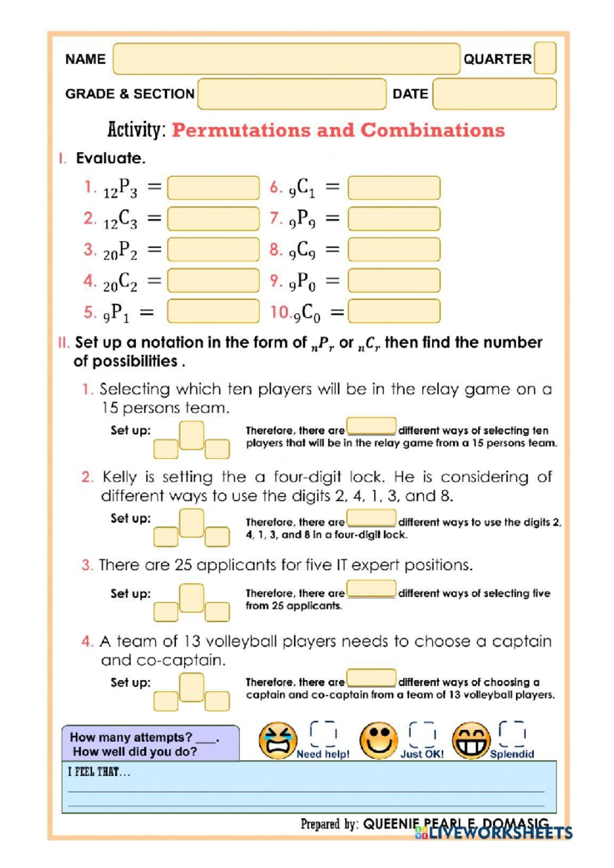 Probability Worksheet: Permutations & Combinations Activity - Studocu