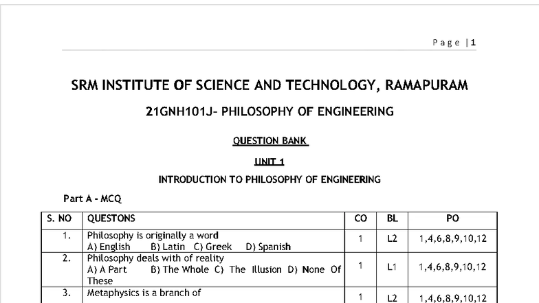 Philosophy of Engineering Question Bank (Unit 1) - SRM Institute - Studocu
