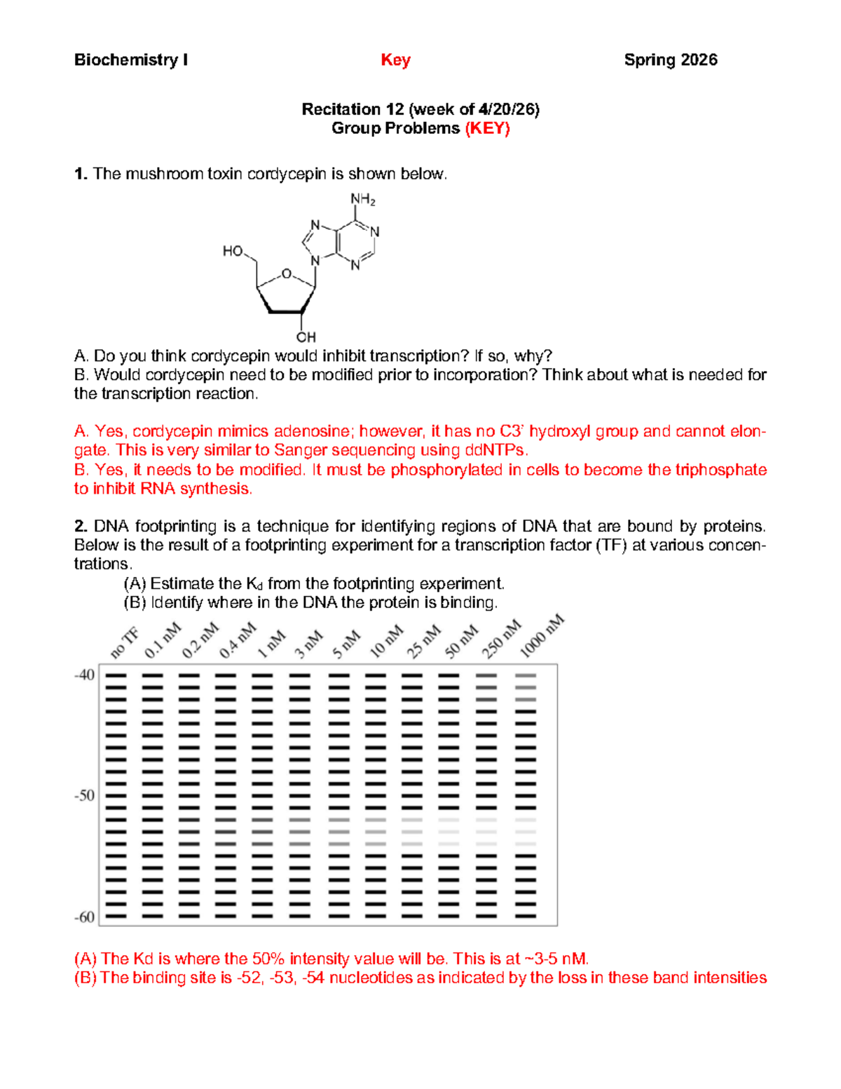 Biochemistry I Recitation 12 Key - Spring 2026 - Studocu
