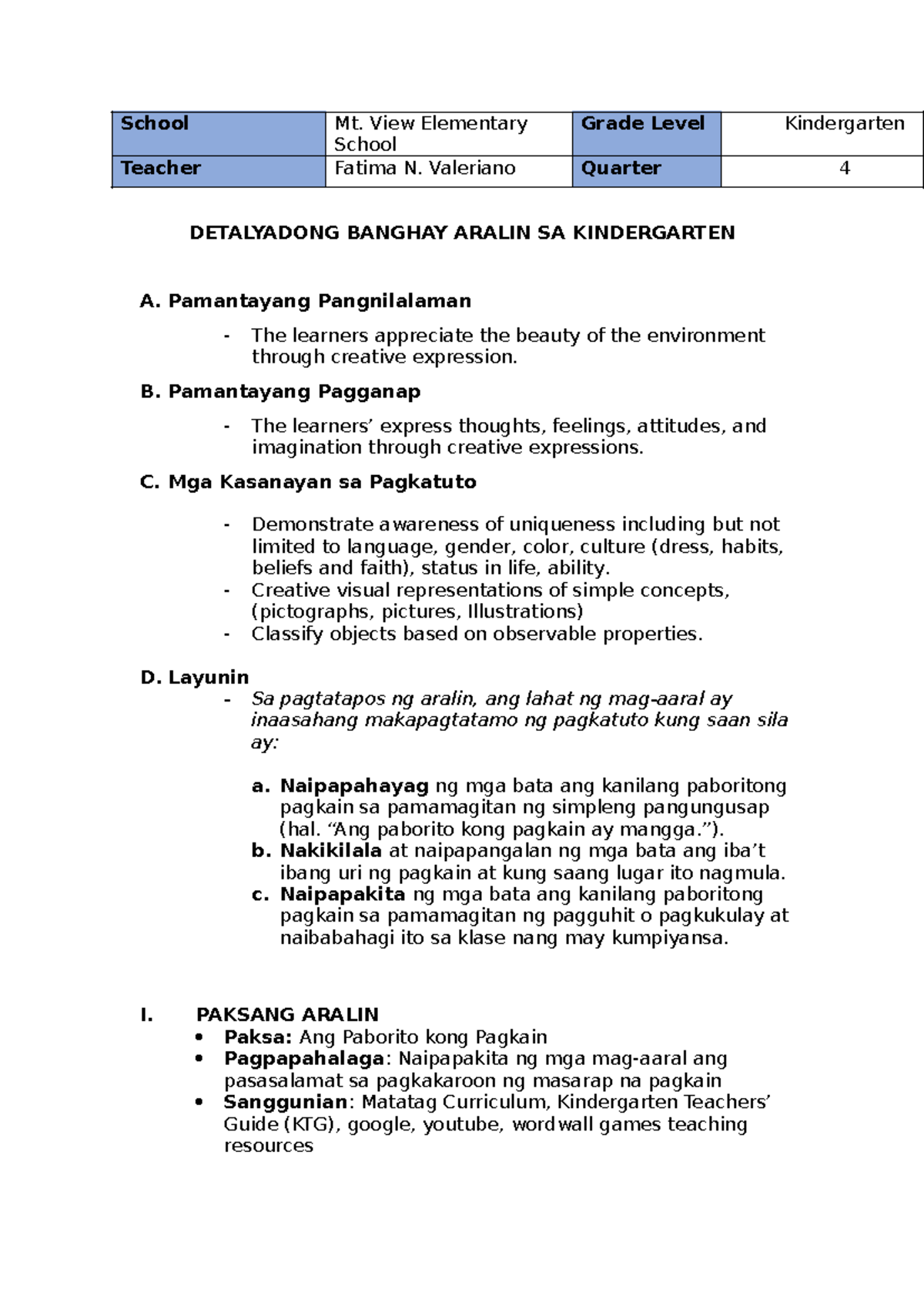 DLP Q4 W-ANNO: Lesson Plan on Favorite Foods for Kindergarten - Studocu