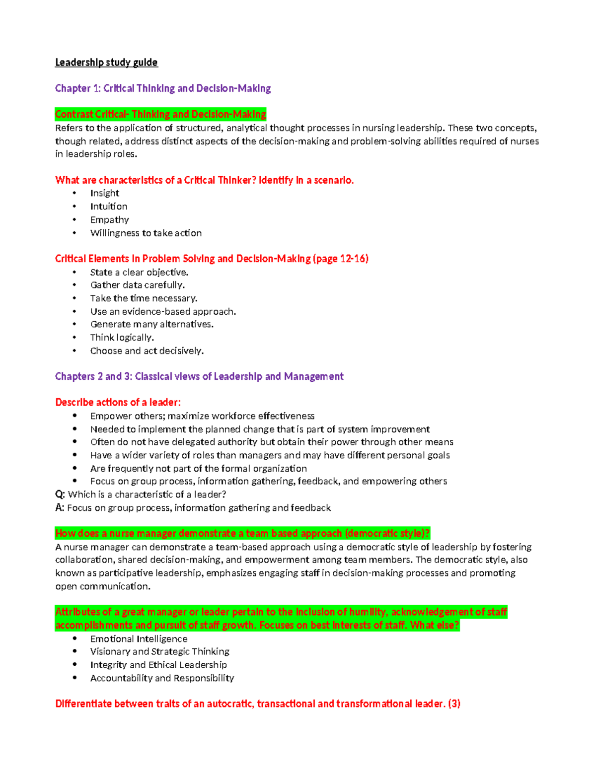 Leadership Study Guide: Critical Thinking & Management in Nursing (NURS ...
