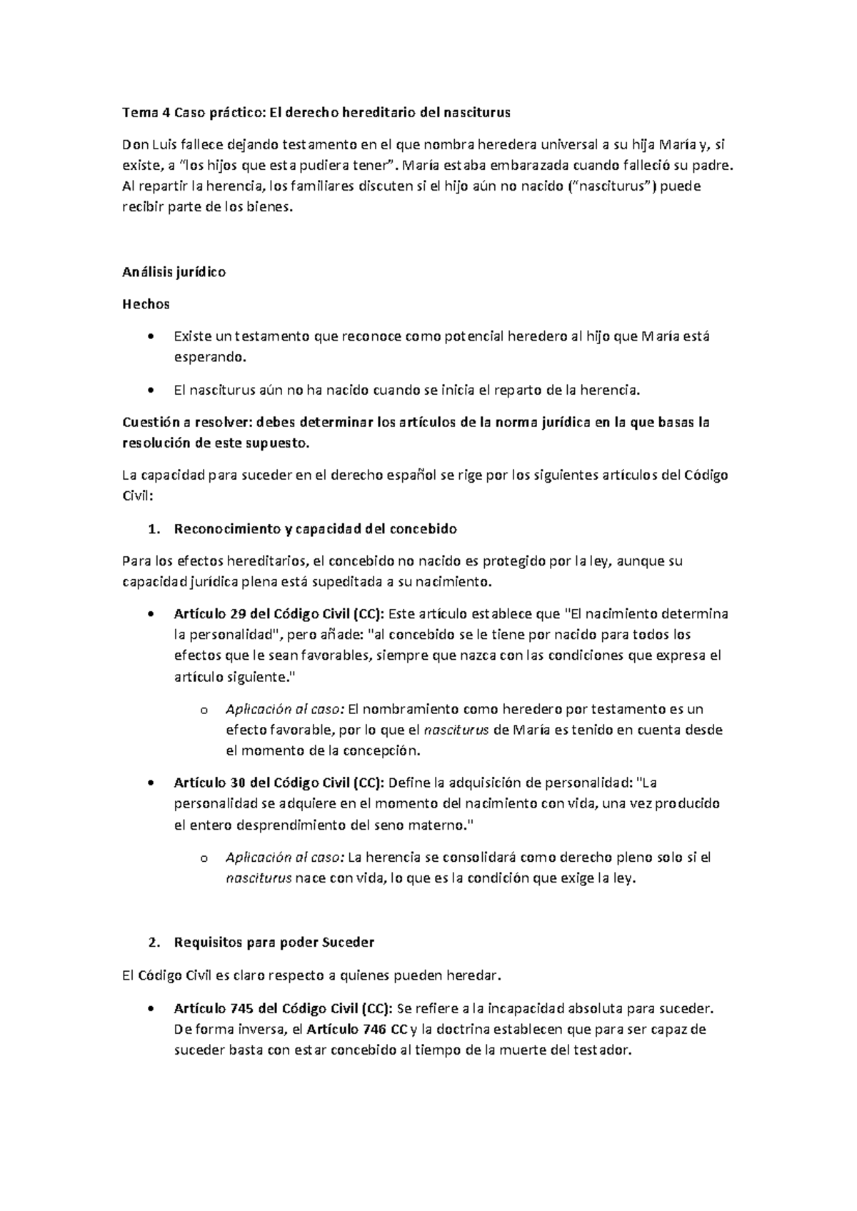 Tema 4: Caso Práctico sobre Derecho Hereditario del Nasciturus - Studocu
