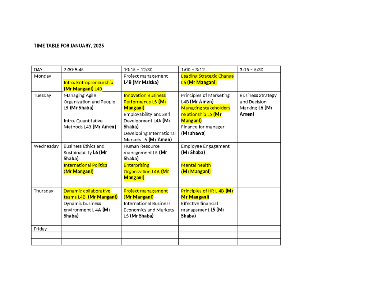 Time table January to June 2025 - TIME TABLE FOR JANUARY, 2025 DAY 7:30 ...