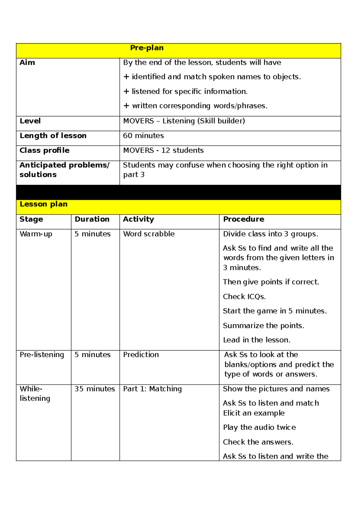 MOVERS Level Listening Lesson Plan: Skill 1 - Lis 3 - Studocu