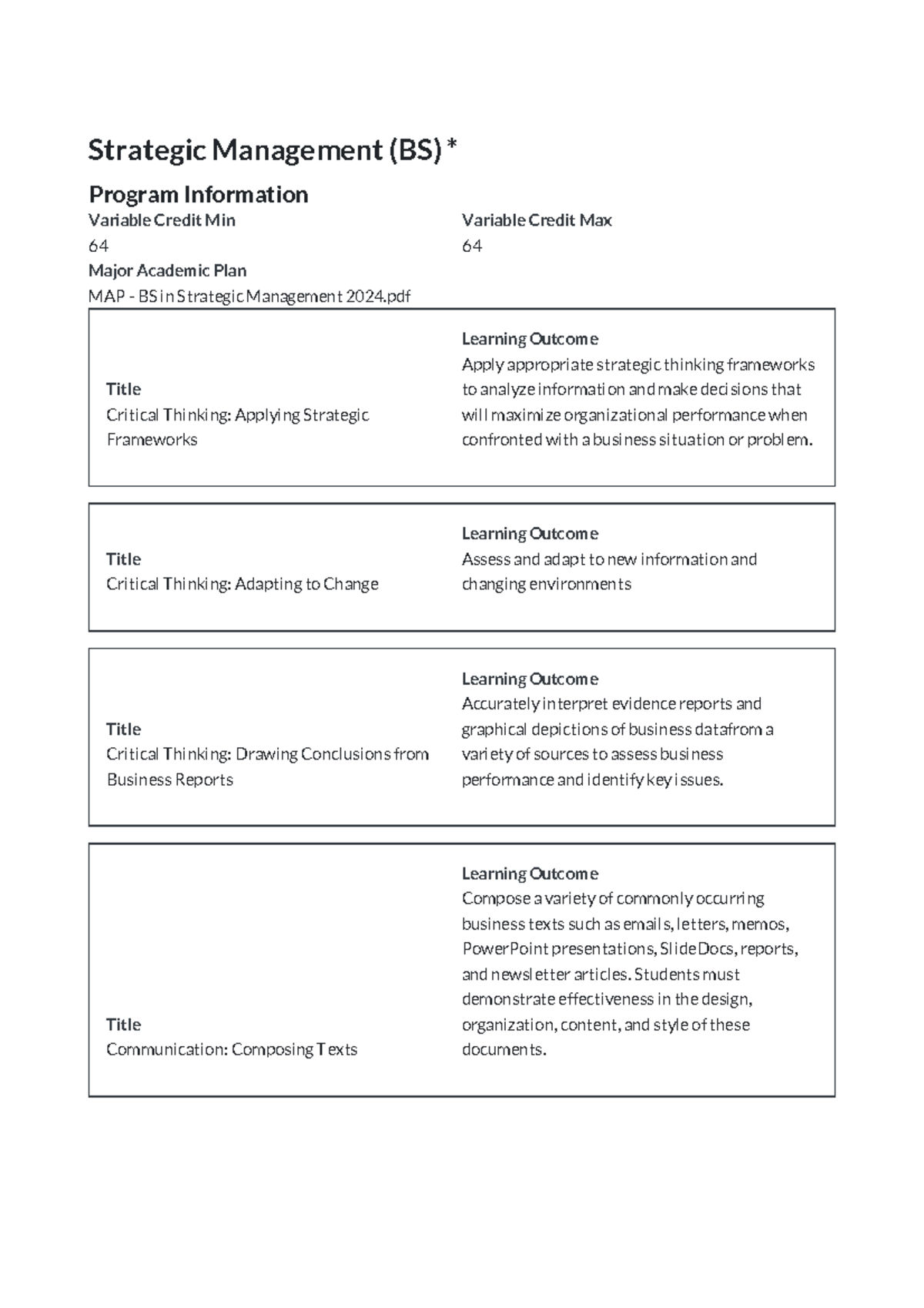 Strategic Management (BS) Course Summary and Major Academic Plan 2024 ...