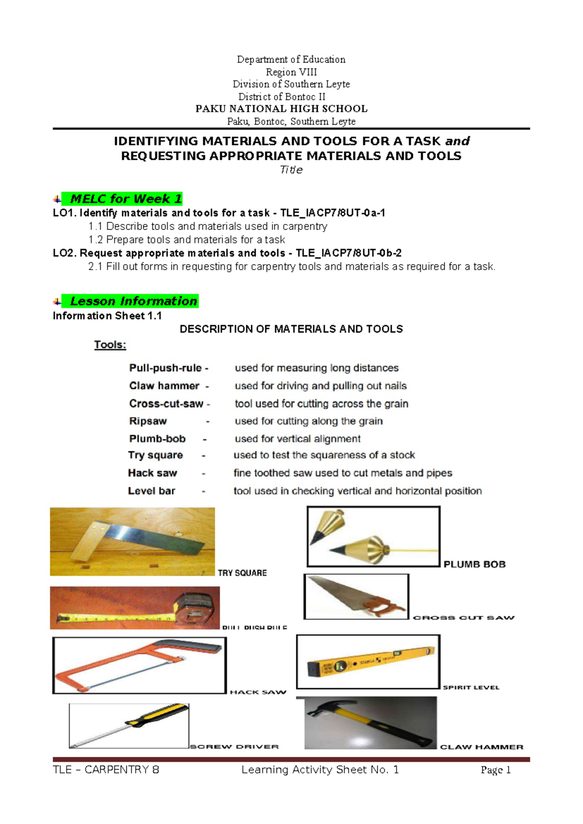 TLE 8 Week 1 - Identifying Carpentry Tools & Materials - Studocu